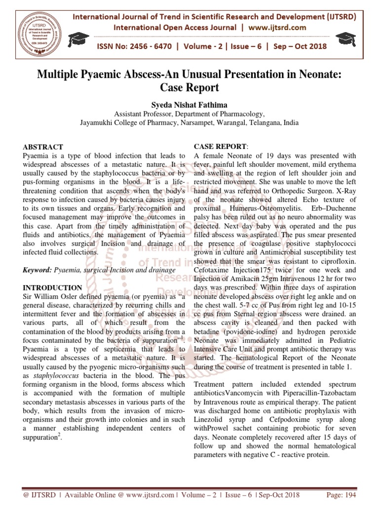 Multiple Pyaemic Abscess-An Unusual Presentation in Neonate Case Report ...