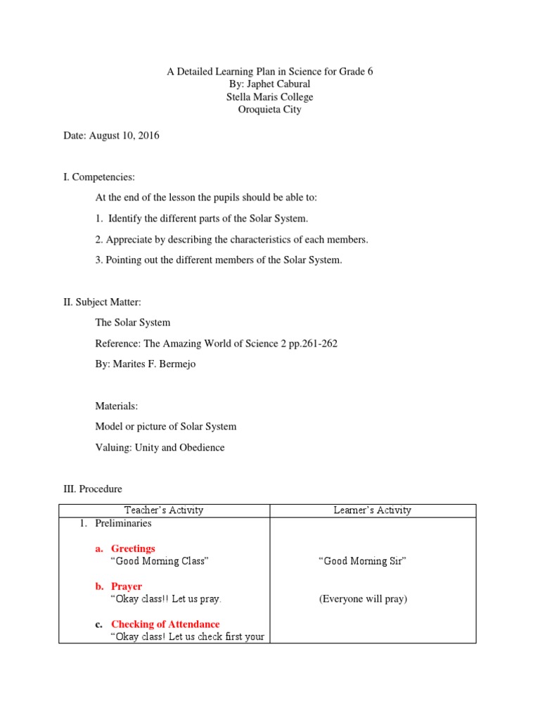 A Detailed Learning Plan in Science For Grade 6 EZ MMR | PDF | Planets ...