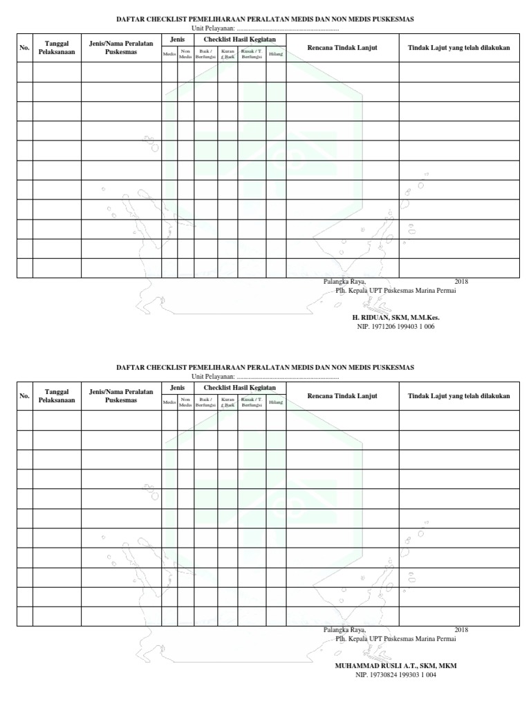 Daftar Checklist Pemeliharaan Peralatan Medis Dan Non Medis Puskesmas | PDF