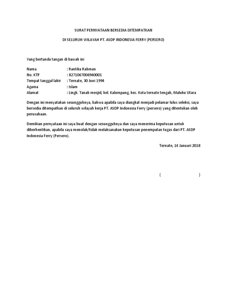 Surat Pernyataan Asdp | PDF