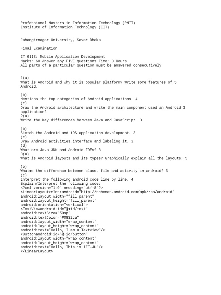Final Exam Question | PDF | Android (Operating System) | C (Programming ...