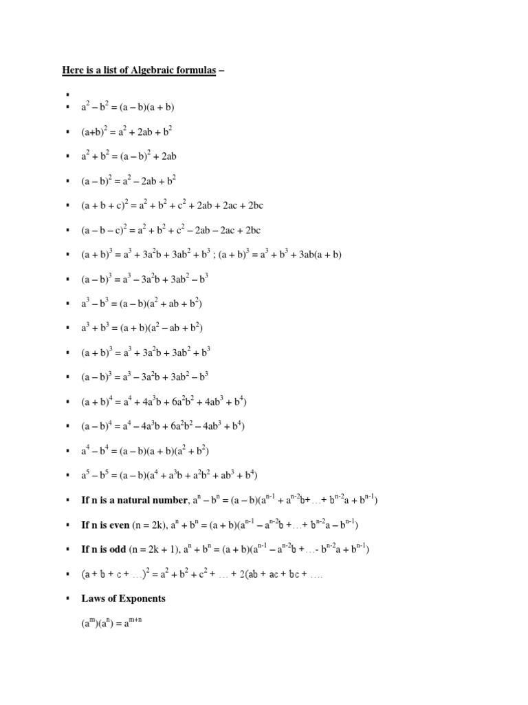 Algebraic Formulas | PDF