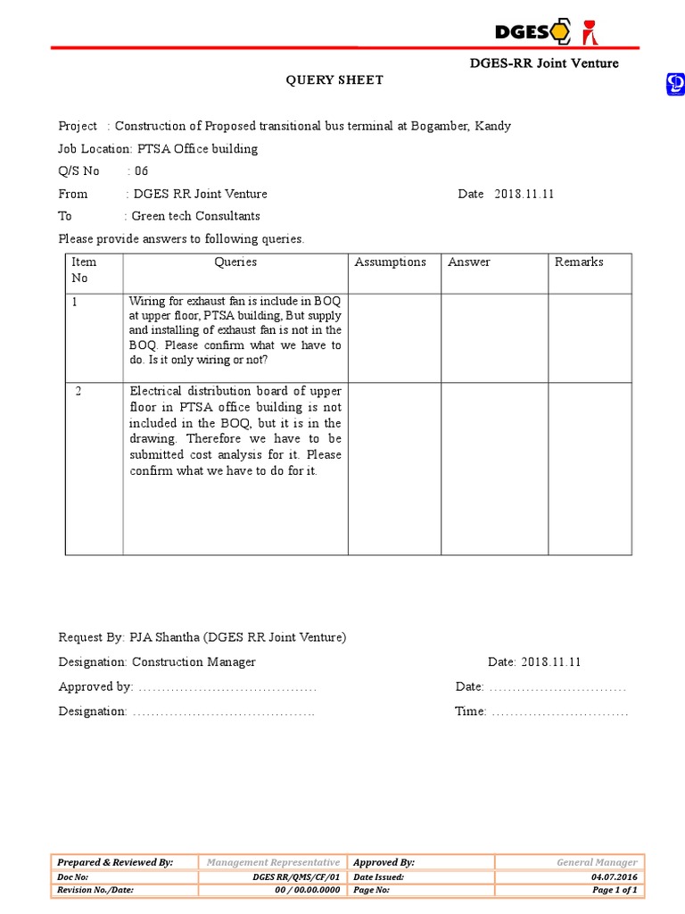 Query Sheet: Prepared & Reviewed By: Approved by | PDF
