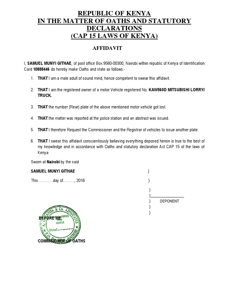Affidavit Change of LOST NUMBER PLATEs David Akoko Ggaita Advocates | PDF