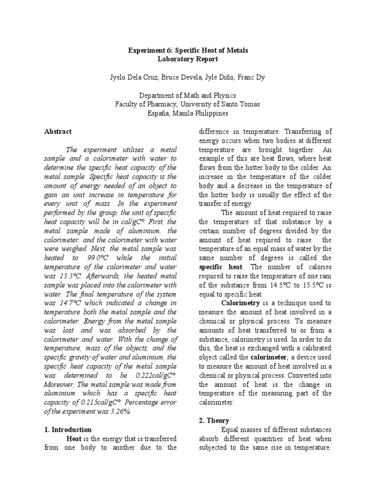 Experiment 6: Specific Heat of Metals Laboratory Report | PDF | Heat ...