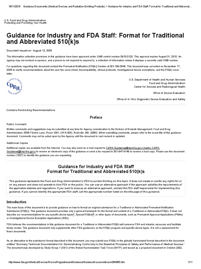 Guidance Documents Traditional and Abbreviated 510 (K) S PDF | PDF ...