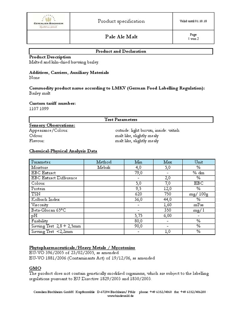 Pale Ale Malt: Product Specification | PDF | Malt | Ale