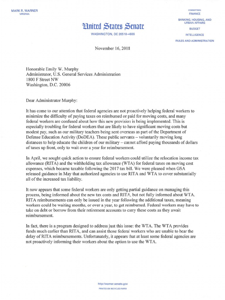 Federal Worker Relocation Expenses Letter