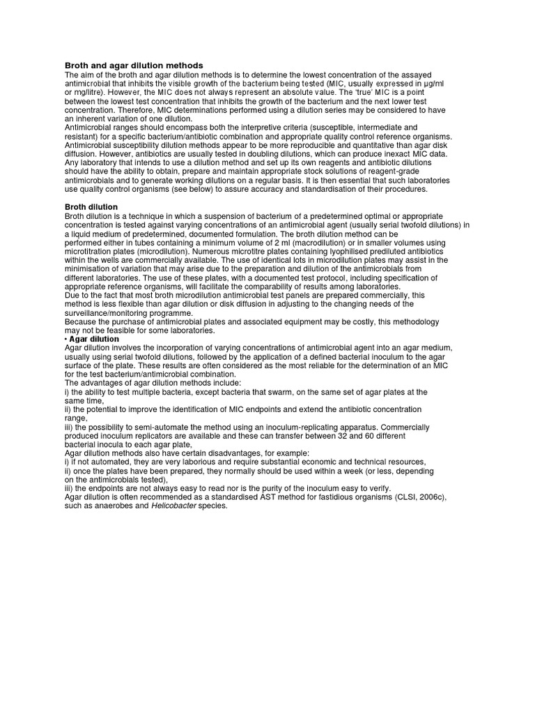 Broth and Agar Dilution Methods | PDF | Agar | Bacteria