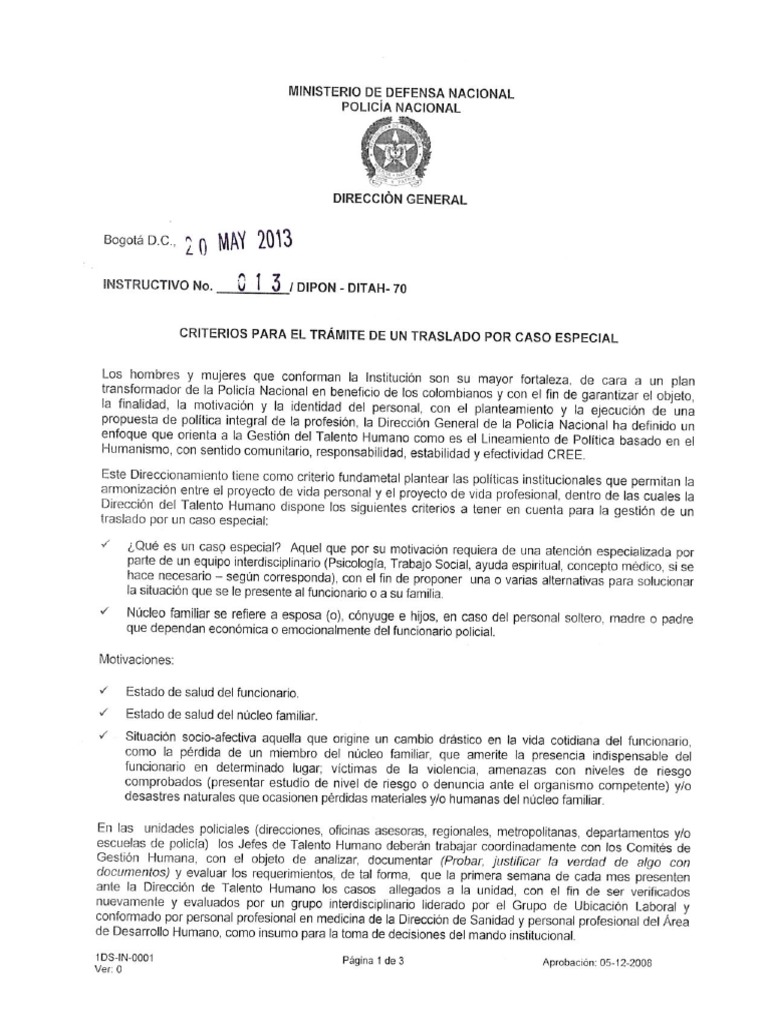 Instructivo 013 Dipon Ditah Del 20052013 Traslado Especial | PDF
