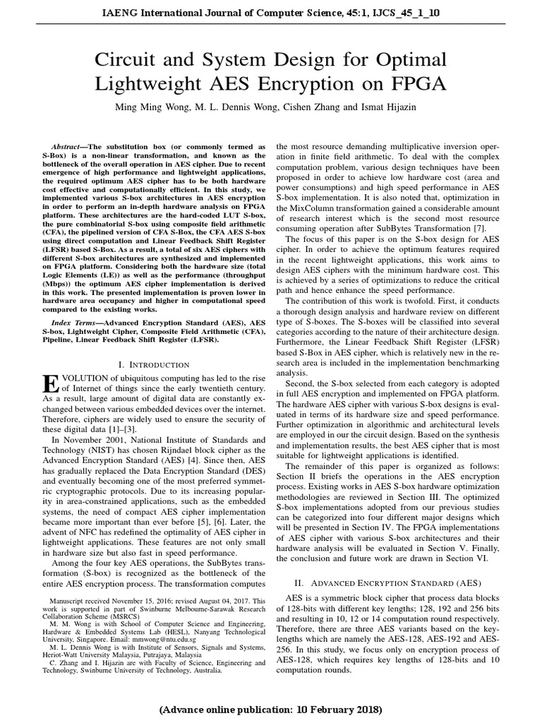 Circuit And System Design For Optimal Lightweight Aes Encryption On Fpga Pdf Field