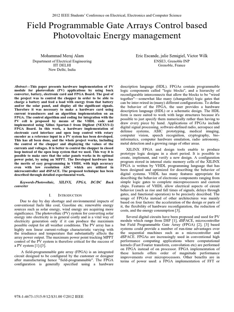 Field Programmable Gate Arrays Control Based Photovoltaic Energy ...