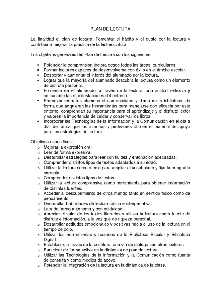 Plan de Lectura | PDF | Biblioteca escolar | Lectura (proceso)