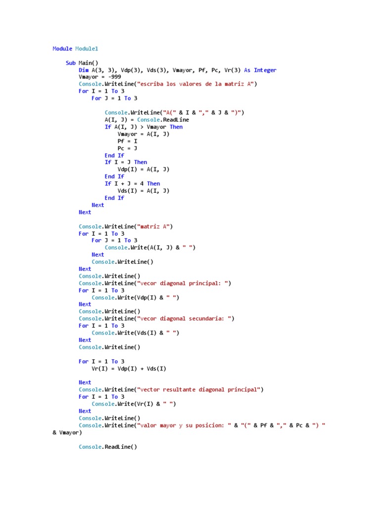 Sub Dim As Integer: "Escriba Los Valores de La Matriz A" | PDF