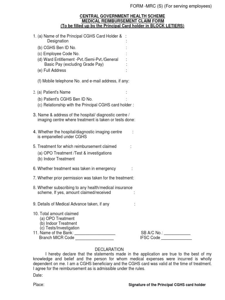 Central Government Health Scheme Medical Reimbursement Claim Form (To ...