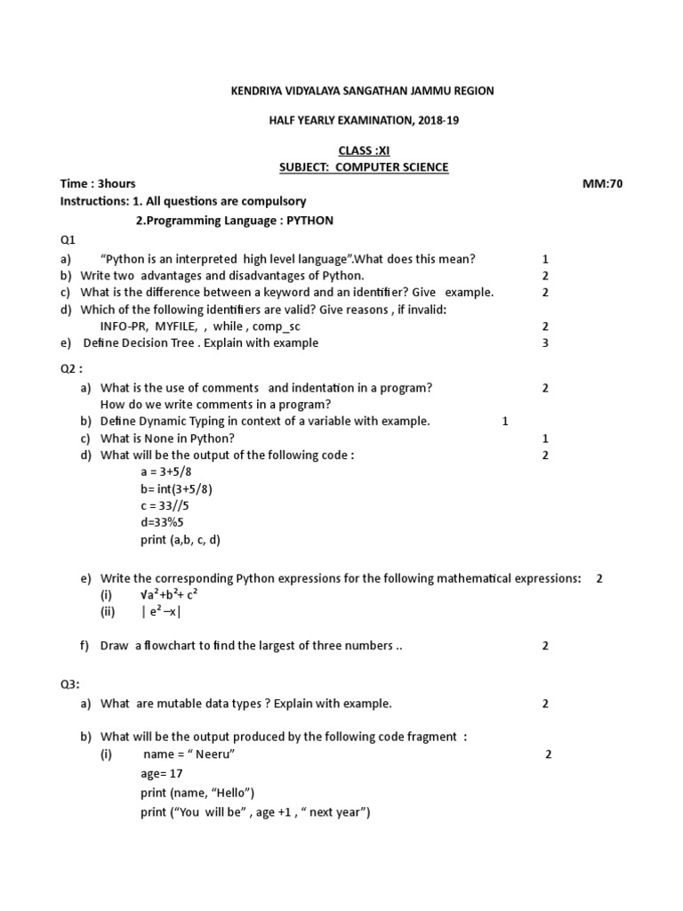 Class Xi (Computer Science) Half Yearly QP Jammu Region | PDF | C (Programming Language ...