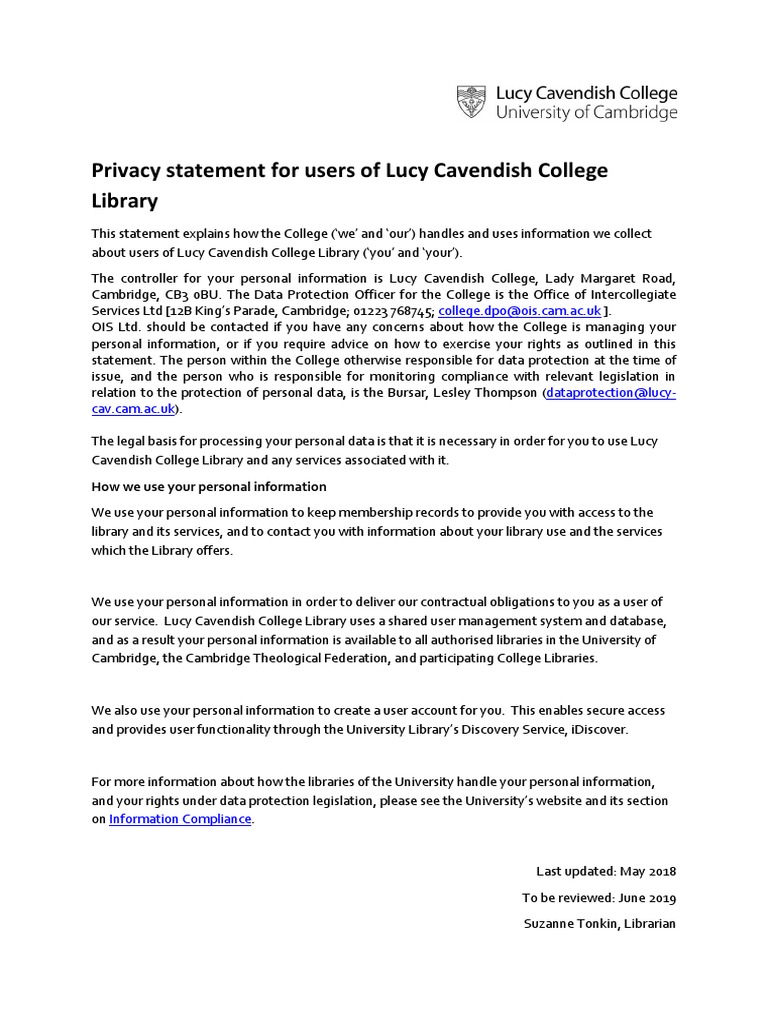 Lucy Cavendish College - Library Users | PDF | Personally Identifiable ...