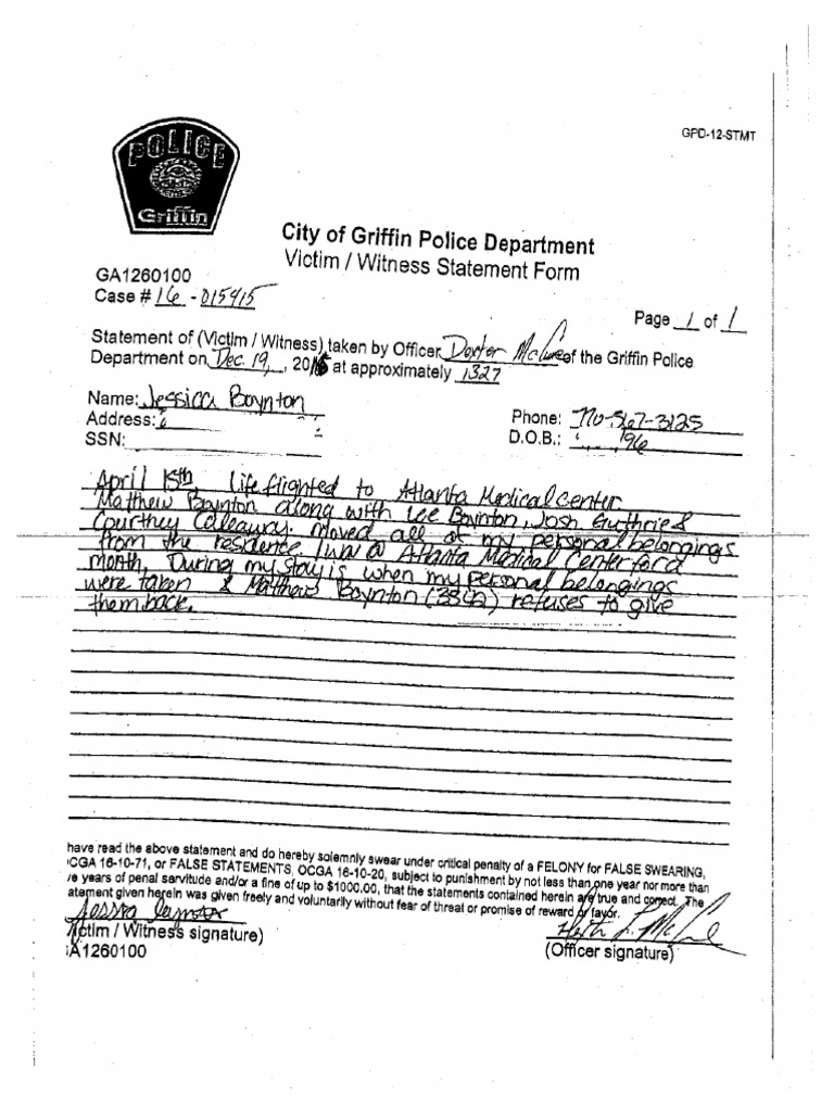 Jessica Lester's Written Statement To Griffin Police | PDF