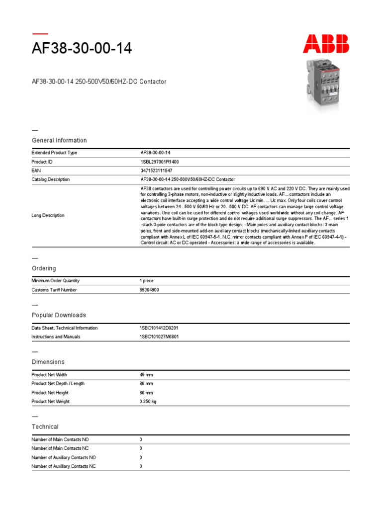 AF38-30-00-14 250-500V50/60HZ-DC Contactor: General Information | PDF ...