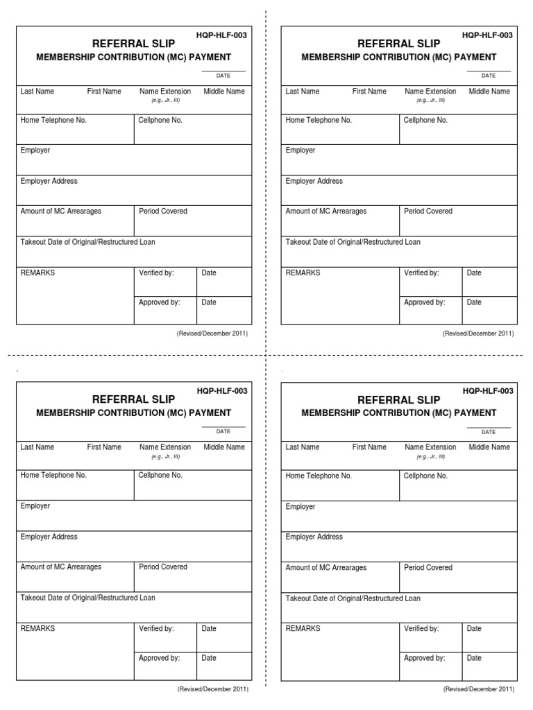 HQP-HLF-003 Referral Slip For MC Payment | PDF | Business