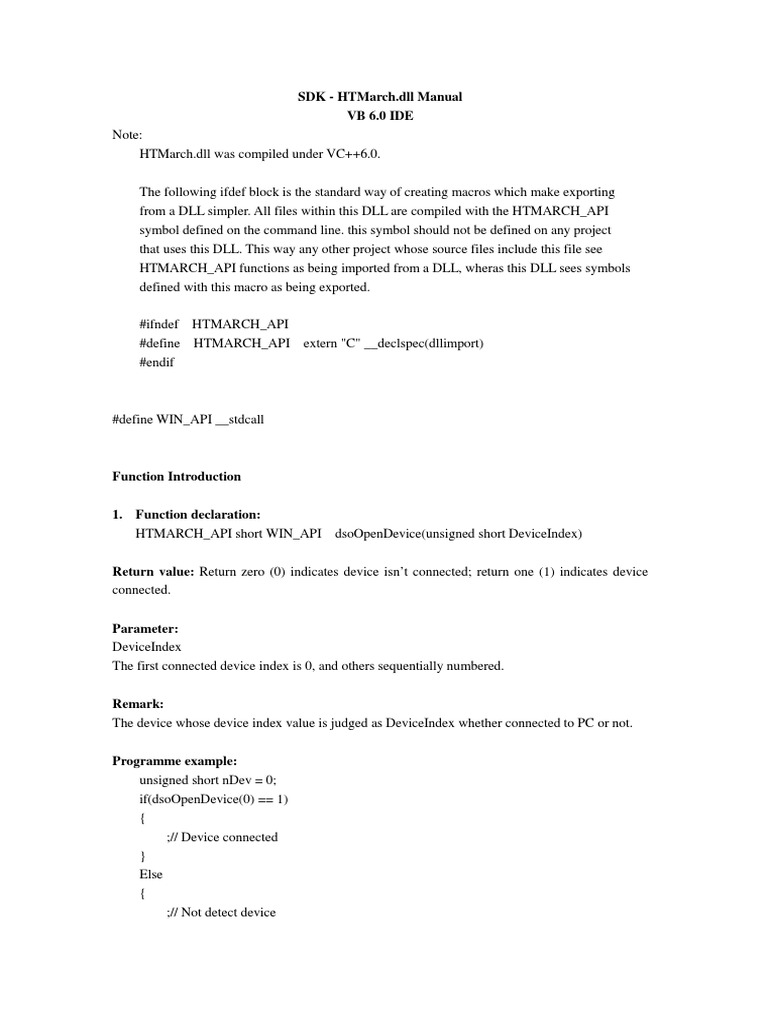 HTMarch.dll SDK Manual for VB 6.0 | PDF | Subroutine | Integer (Computer Science)