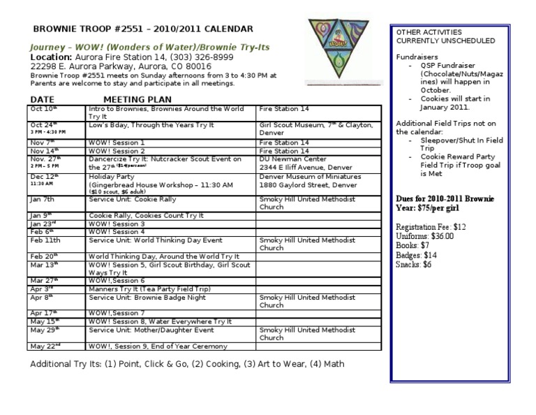 Brownie Troop #2551 Event Calendar | PDF | Scouting
