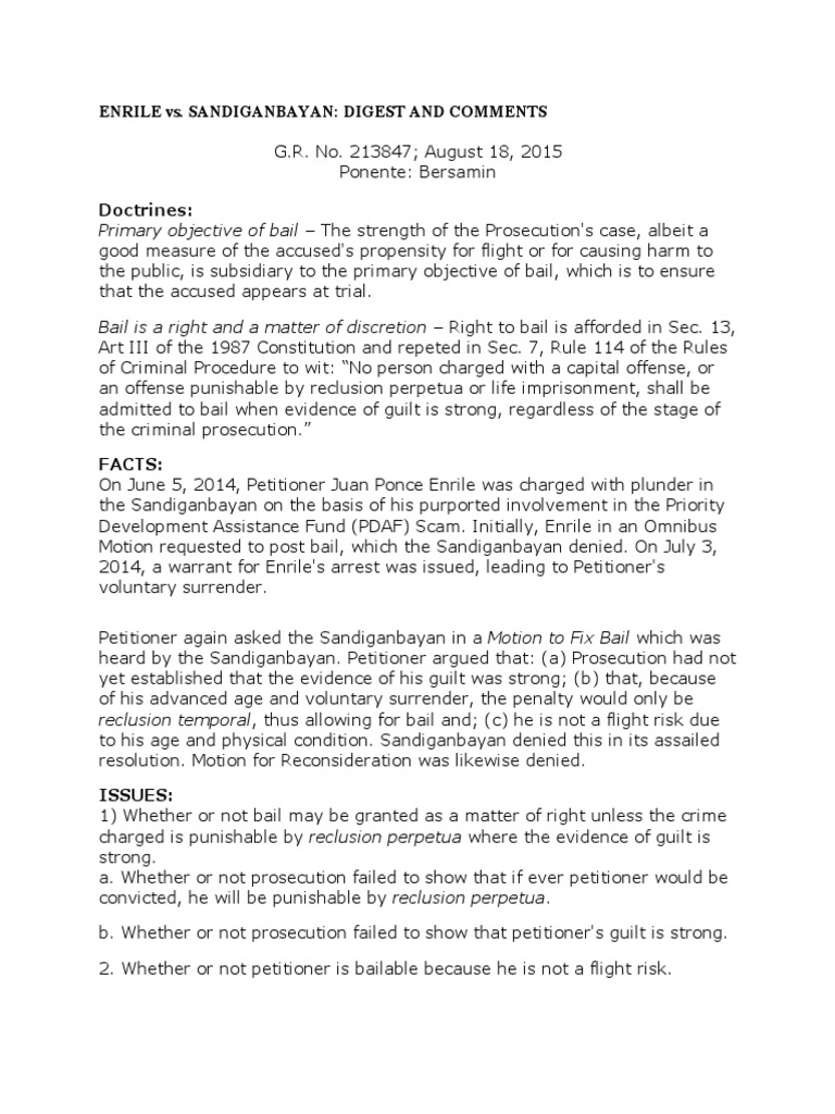 Enrile vs. Sandiganbayan: Digest and Comments | PDF | Bail | Prosecutor Enrile vs. Sandiganbayan: Digest and Comments | PDF | Bail | Prosecutor