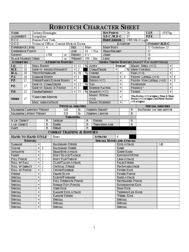 Chriss Robotech 2nd Edition Character Sheet | PDF | Military Technology ...
