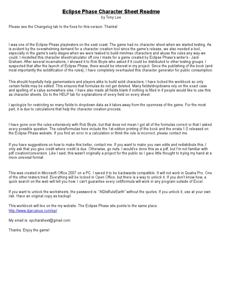 Eclipse Phase Character Sheet Readme | PDF | Ammunition | Psychological ...