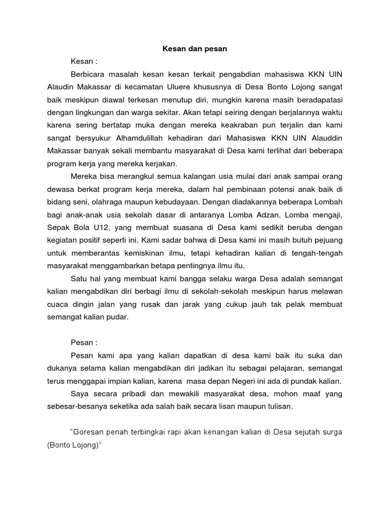 Kesan Dan Pesan KKN UIN | PDF Kesan Dan Pesan KKN UIN | PDF