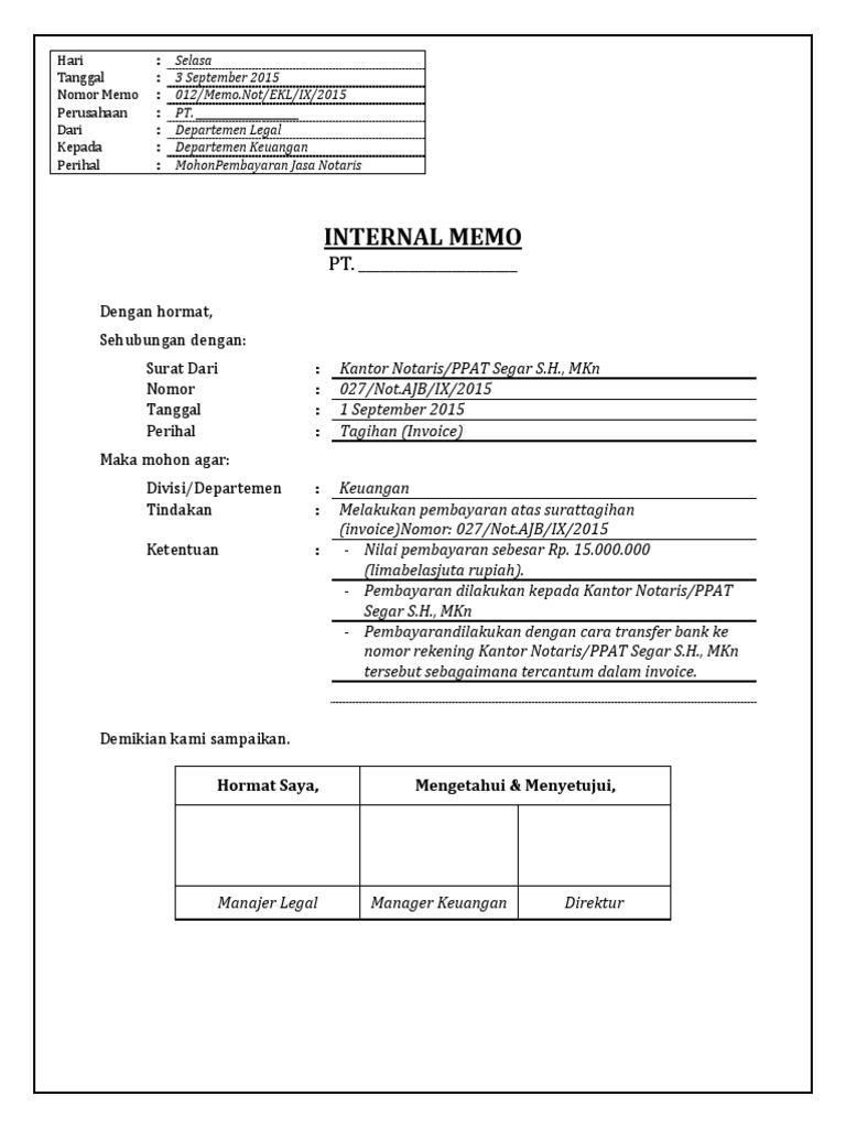 Memo Pembayaran Jasa Notaris | PDF | Pengelolaan Keuangan & Uang | Hukum