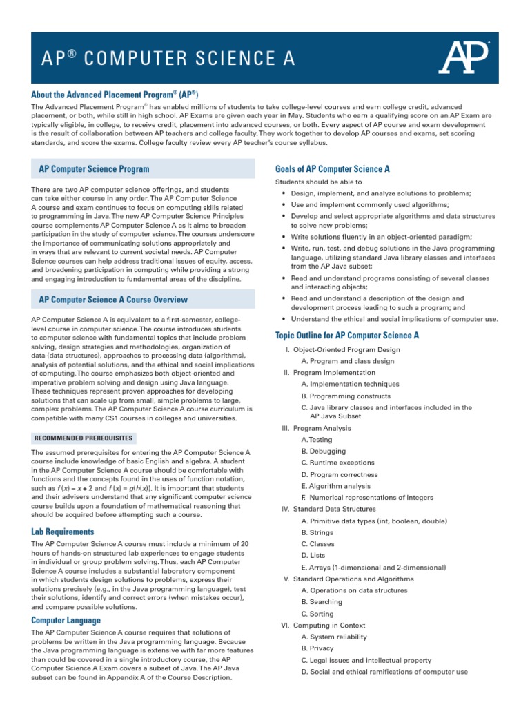 Ap Computer Science A Course Overview PDF | PDF | Advanced Placement | Programming Language