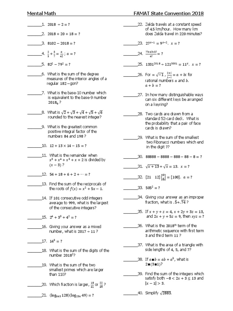 T - Mental Math Test FAMAT State Convention 2018 | PDF | Summation ...
