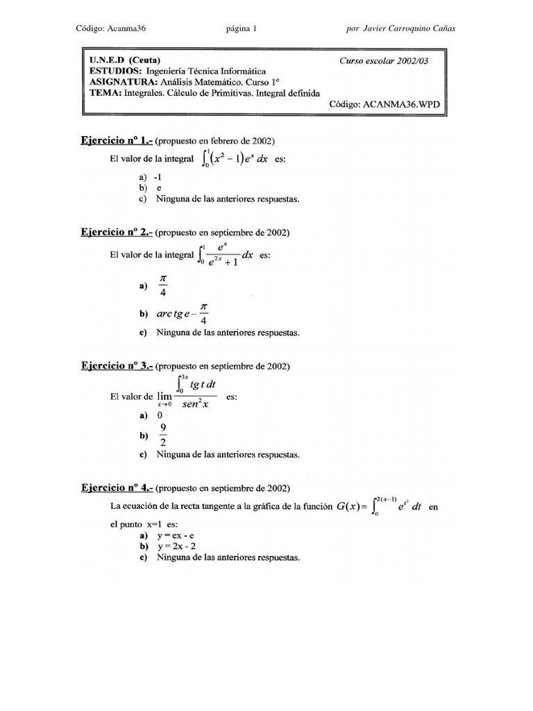 Ejercicios 36-Integrales Calculo de Primitivas La Integral Definida PDF ...