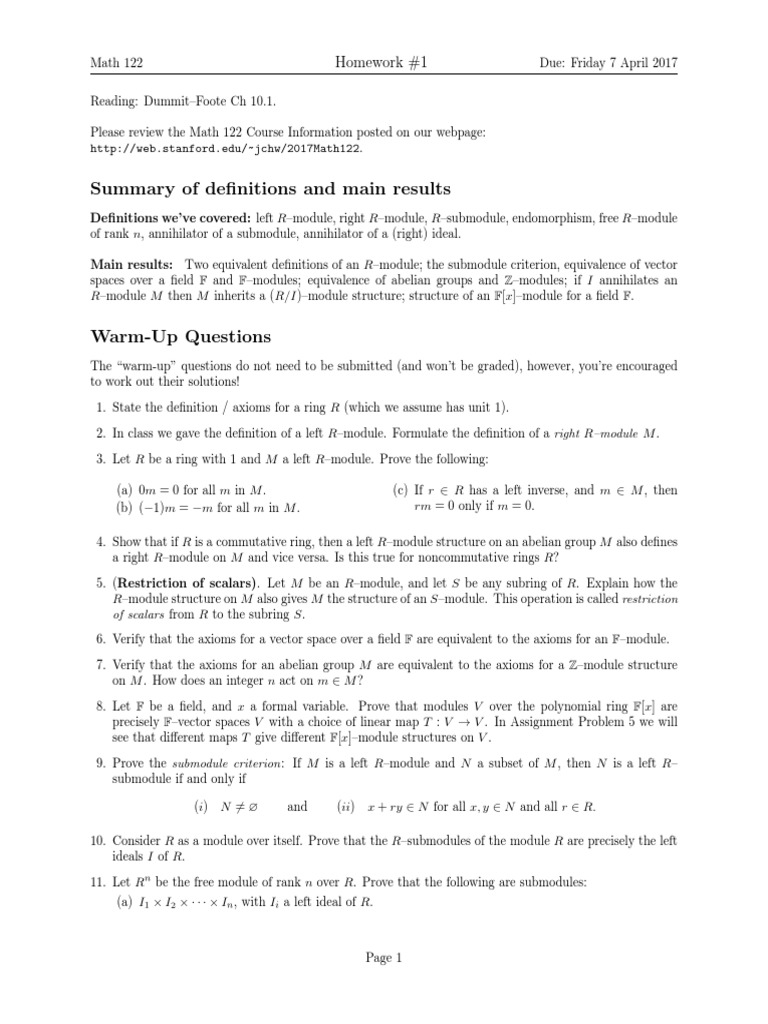 Summary of Definitions and Main Results: Homework #1 | PDF | Module ...