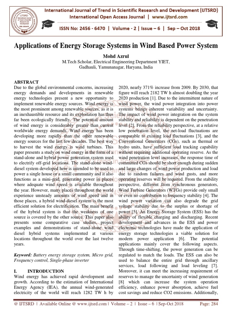 Applications of Energy Storage Systems in Wind Based Power System | PDF ...