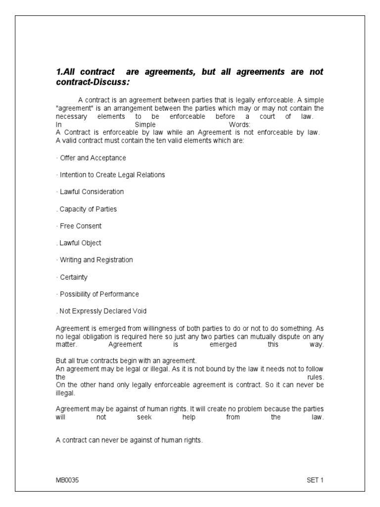 1.all Contract Are Agreements, But All Agreements Are Not Contract ...