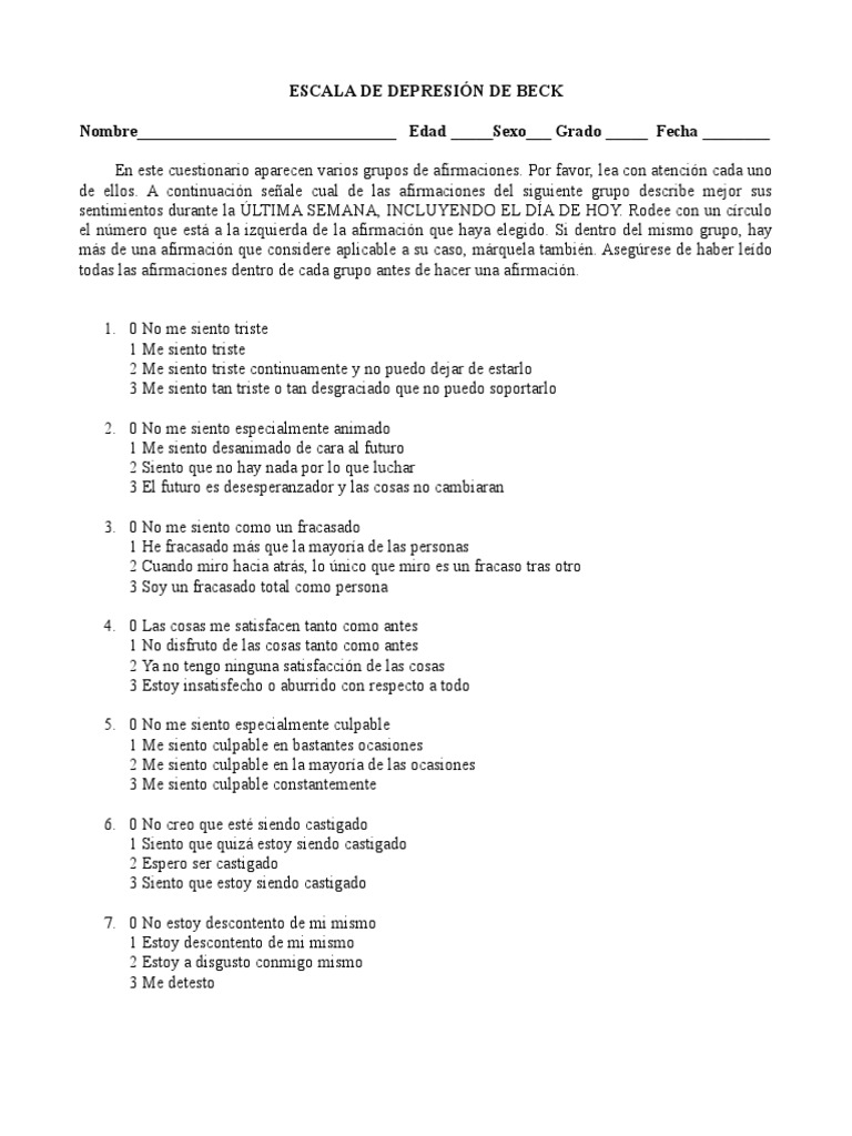 Escala de Depresión de BECK | Depresión (estado de ánimo) | Ocio