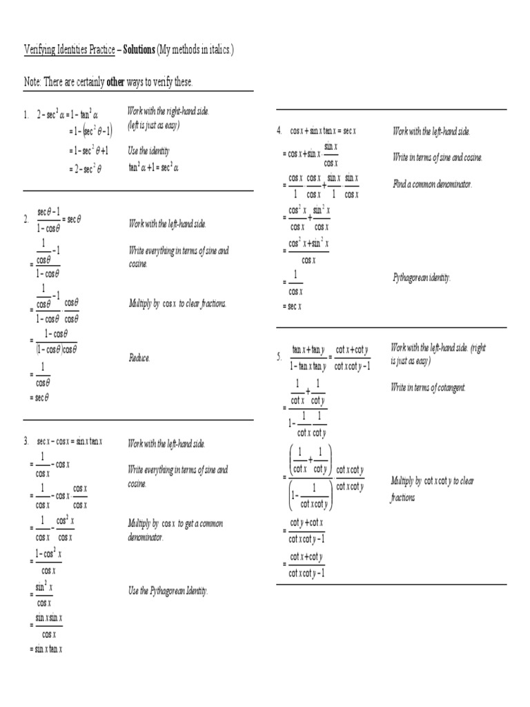 Verifying Identities Solutions | PDF | Trigonometric Functions | Sine