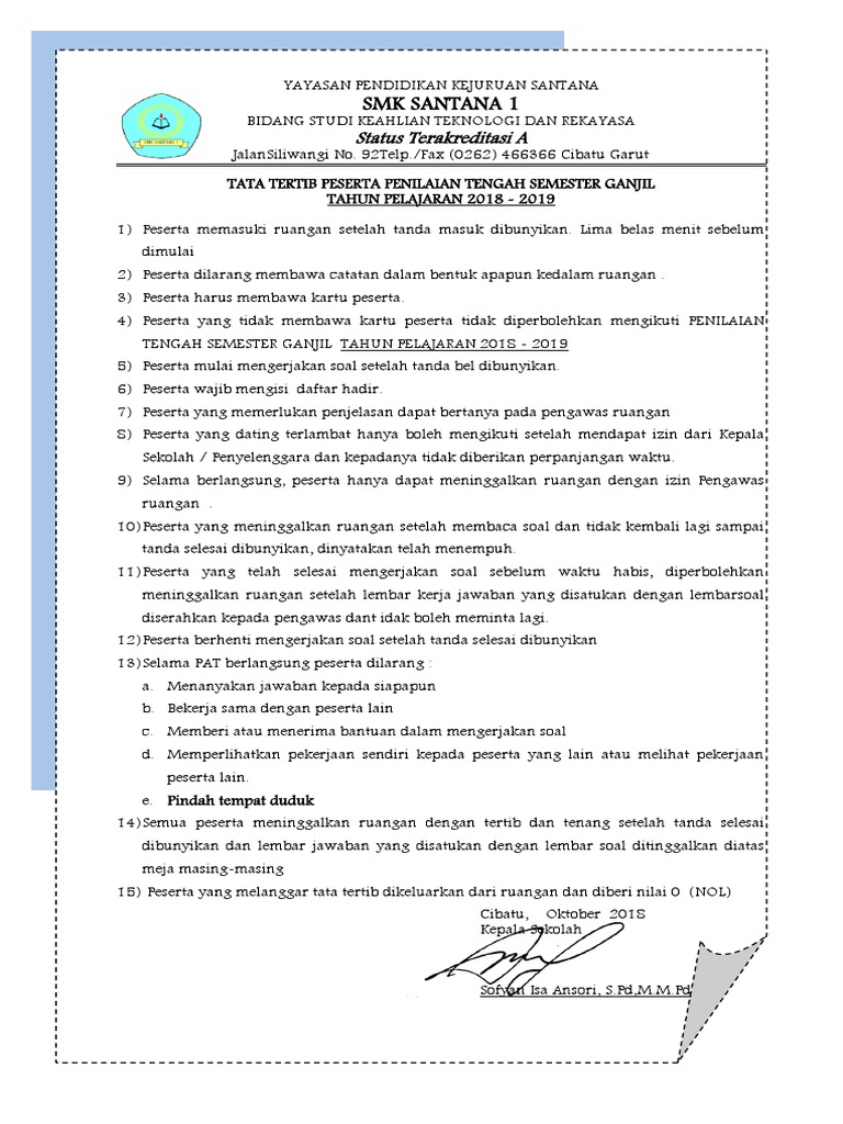 Tata Tertib PTS SMK Santana 2018-2019 | PDF
