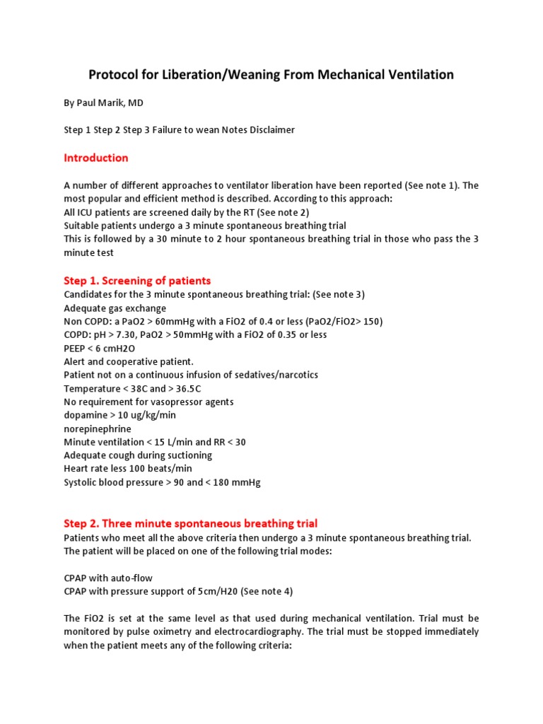 Weaning Ventilator Protocol for Liberation | Clinical Medicine ...