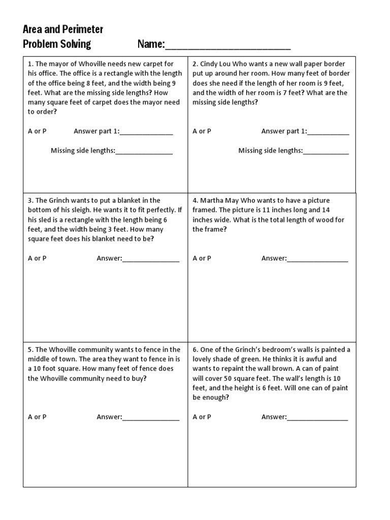 Area and Perimeter Problem Set | PDF