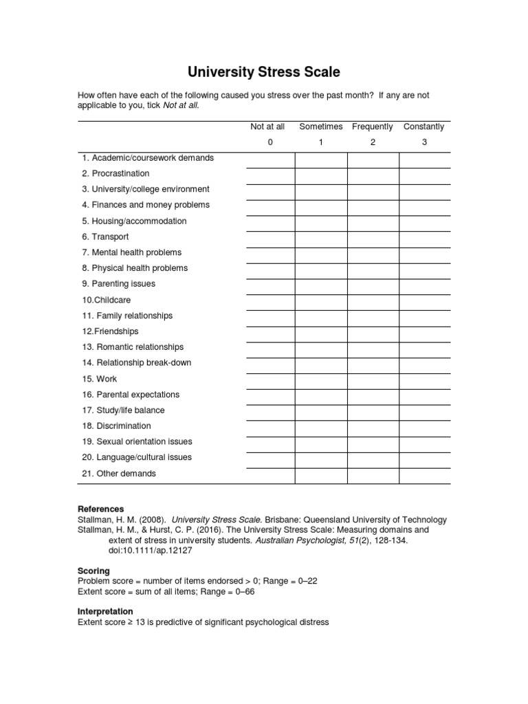 University Stress Scale Assessment | PDF