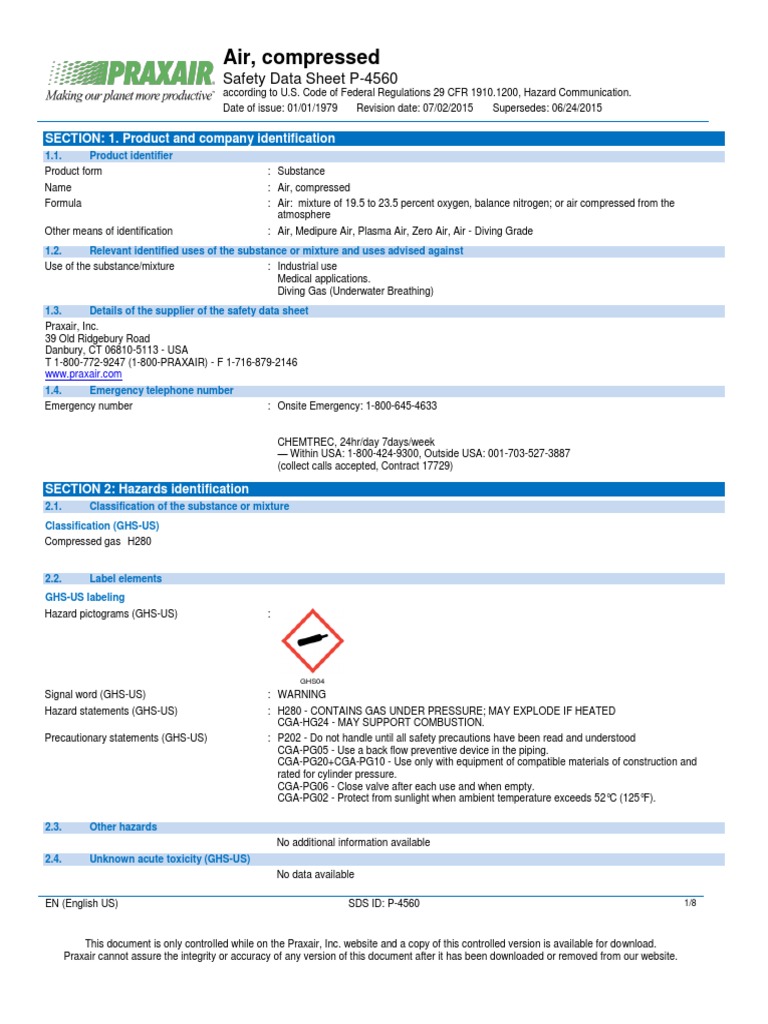 Air, Compressed: Safety Data Sheet P-4560 | PDF | Toxicity | Personal ...
