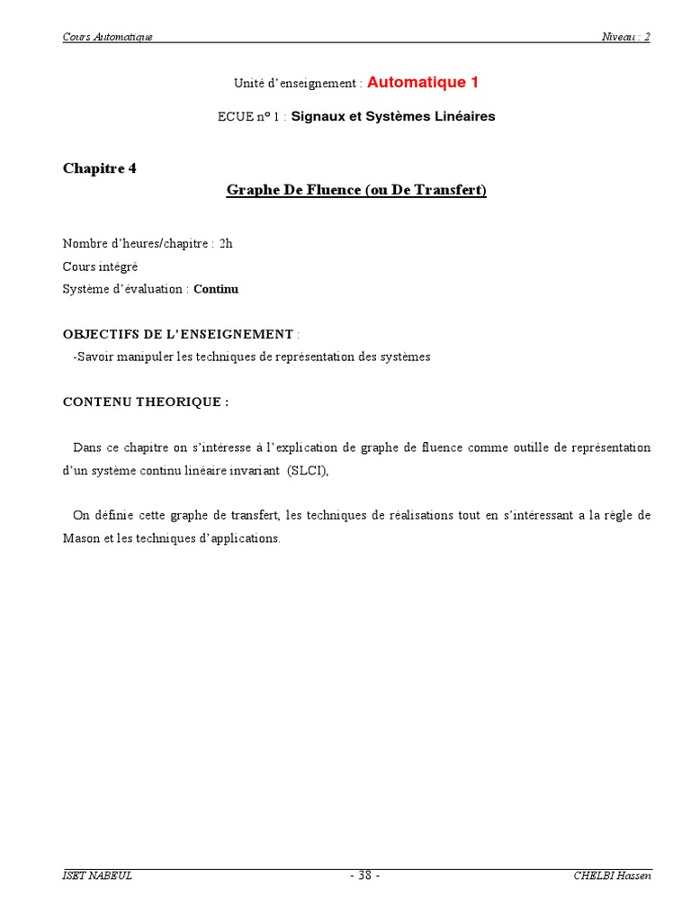 Chapitre 4 Graphe de Fluence Ou de Transfert PDF | PDF | Automation ...