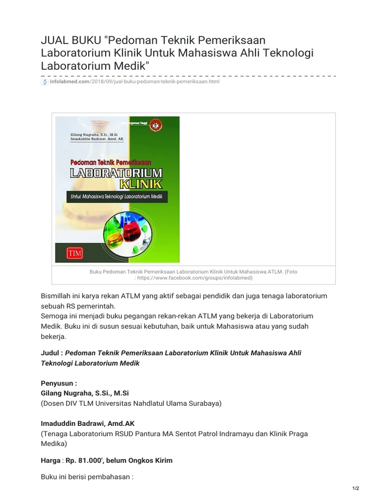 JUAL BUKU Pedoman Teknik Pemeriksaan Laboratorium Klinik Untuk ...