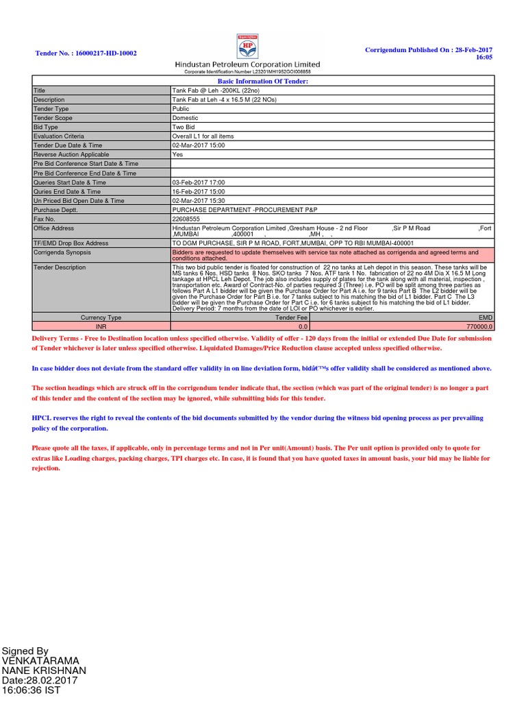 HPCL Tender | PDF | Auction | Password