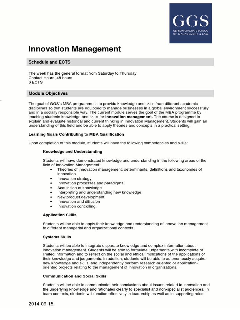 MBA in Innovation Management Syllabus | PDF | Innovation | Master Of ...