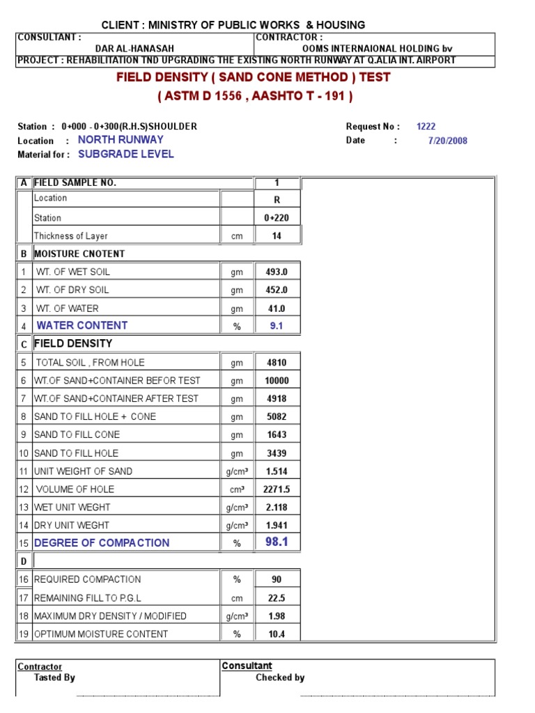 Field Density (Sand Cone Method) Test (ASTM D 1556, AASHTO T - 191 ...
