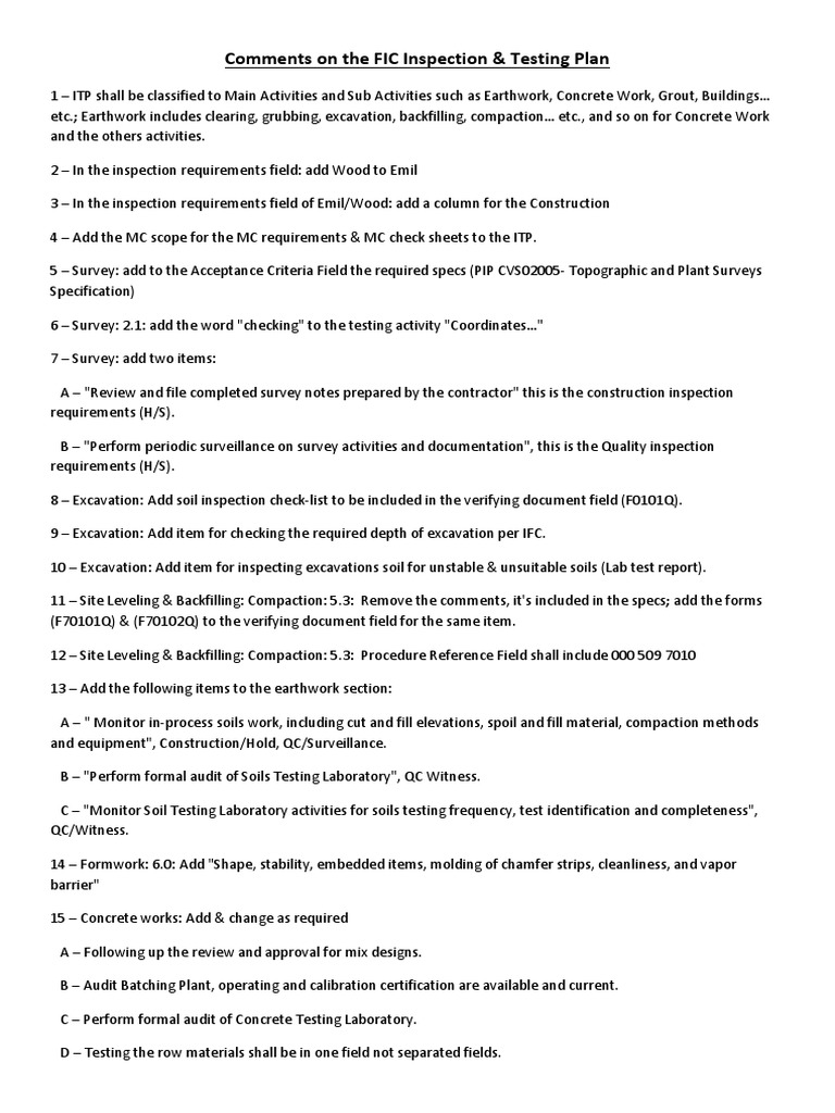 Comments On The FIC Inspection & Testing Plan | PDF | Asphalt | Concrete
